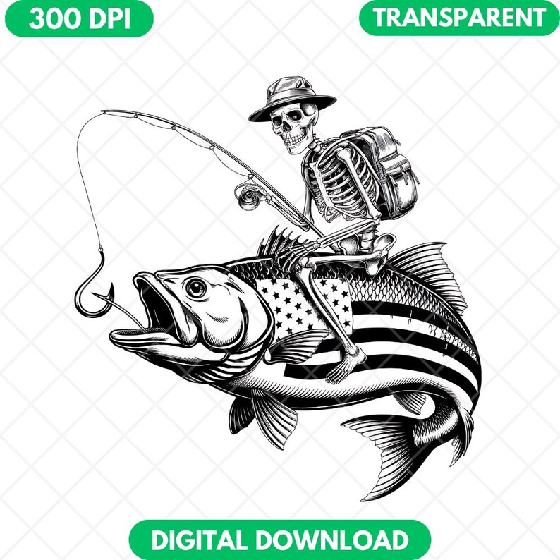 Skeleton Riding Fish PNG, American Flag Design, Detailed Illustration ...