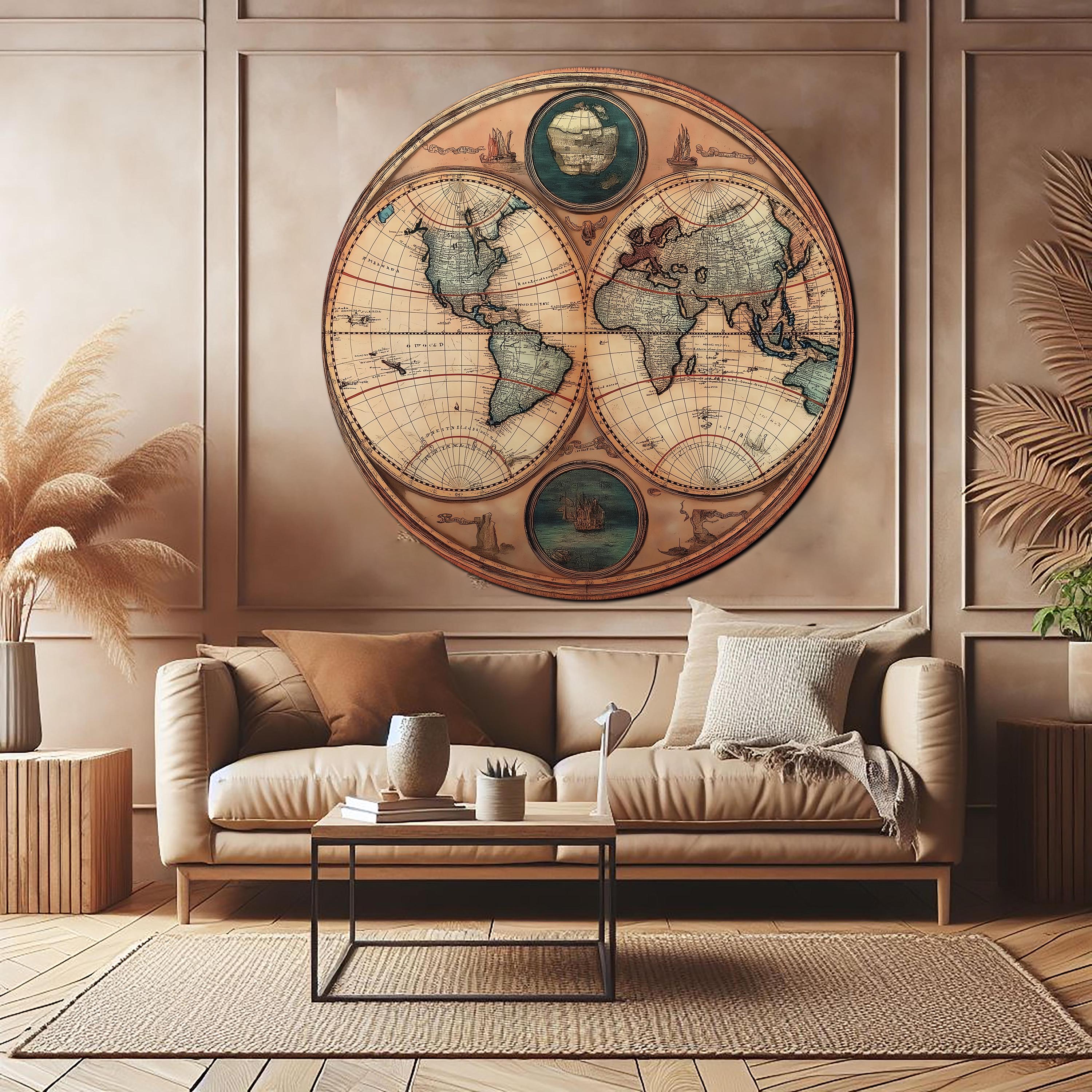 Old World Map Wall Art, Tempered Glass Wall Art, Glass Printing,round ...