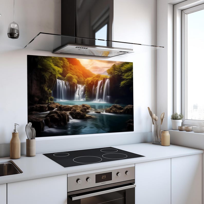 Sunset Waterfall Tempered Glass Backsplash Tiles-nature Backsplash for ...