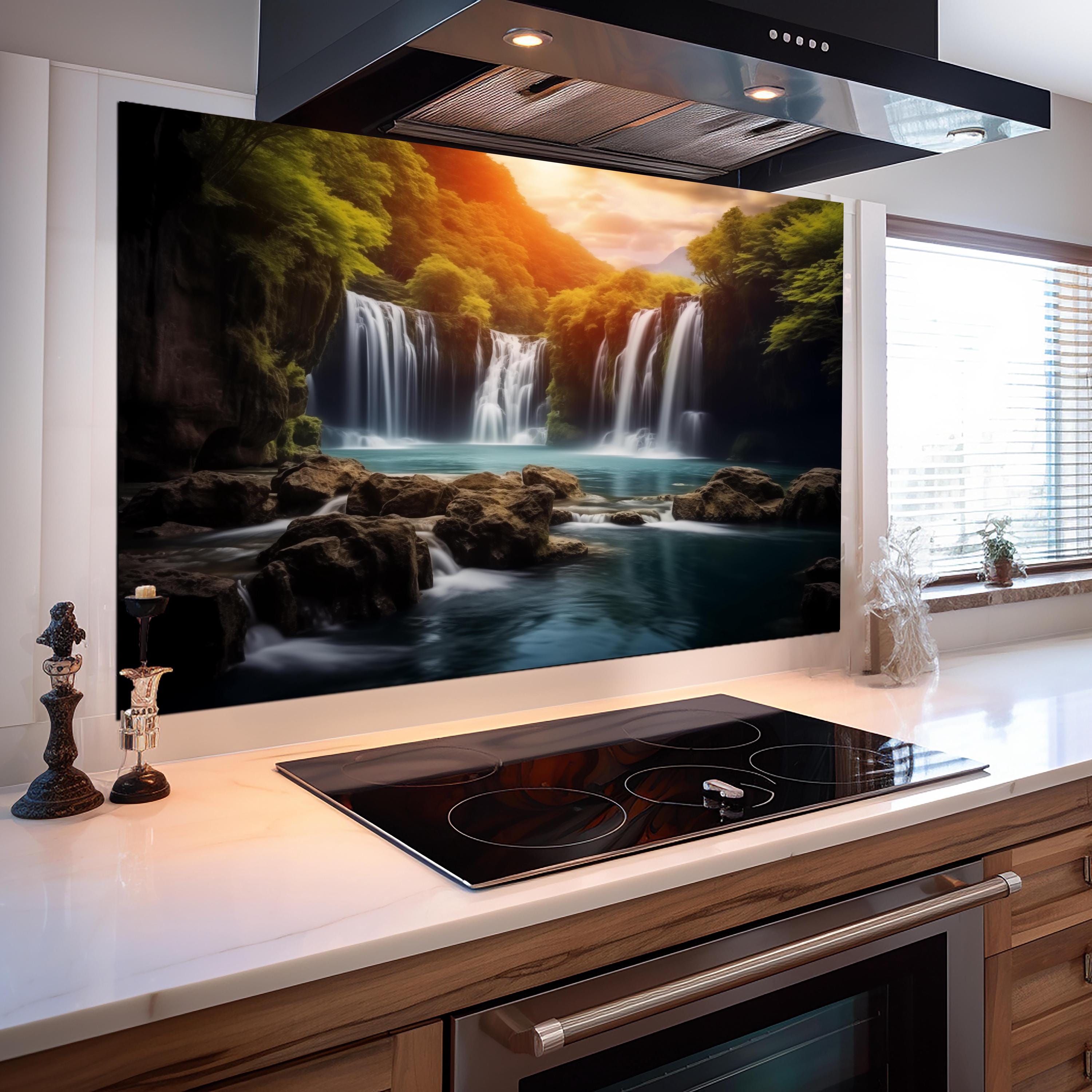 Sunset Waterfall Tempered Glass Backsplash Tiles-nature Backsplash for ...