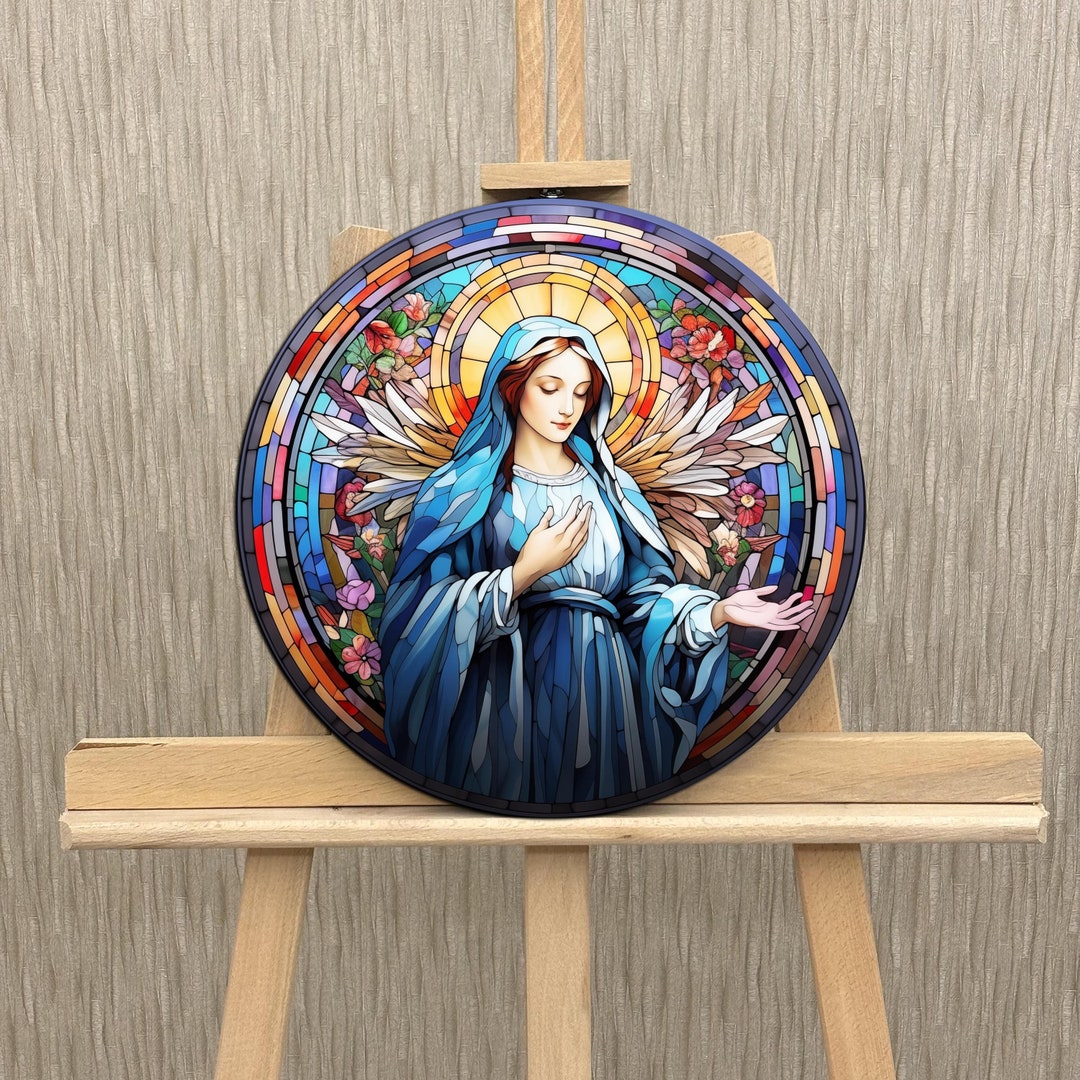 Stained Virgin Mary Tempered Glass Round Wall Art,virgin Mary Round ...
