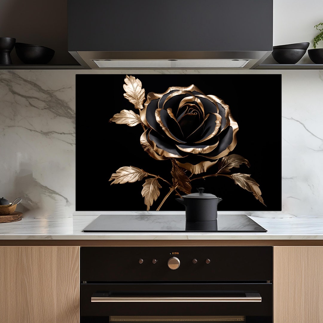 Black Golden Flower Tempered Glass Printing Backsplash Tile, Stove ...