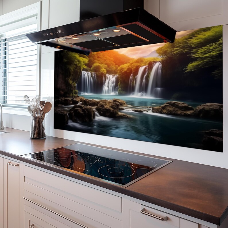 Sunset Waterfall Tempered Glass Backsplash Tiles-nature Backsplash for ...