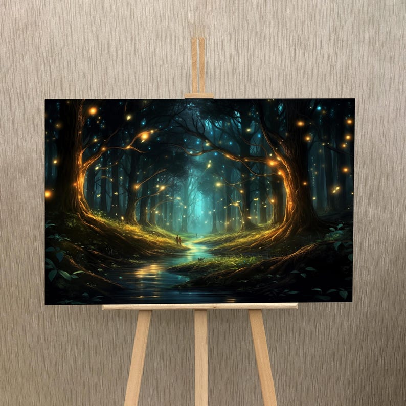 Electric Fireflies Forest Tempered Glass Art, Fantasy Forest Tempered ...