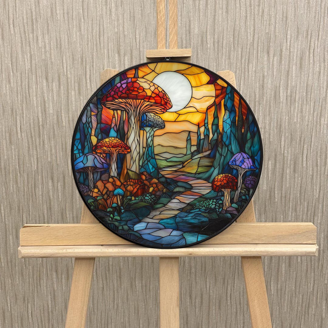 Round Mushroom UV Print Tempered Glass Wall Art Large Circle Botanical ...