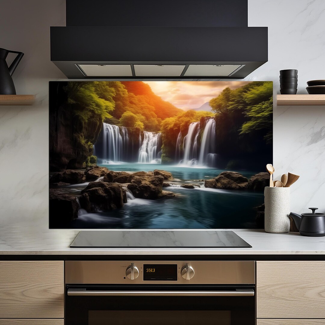 Sunset Waterfall Tempered Glass Backsplash Tiles-nature Backsplash for ...