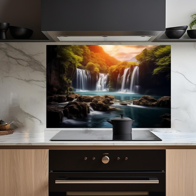 Sunset Waterfall Tempered Glass Backsplash Tiles-nature Backsplash for ...