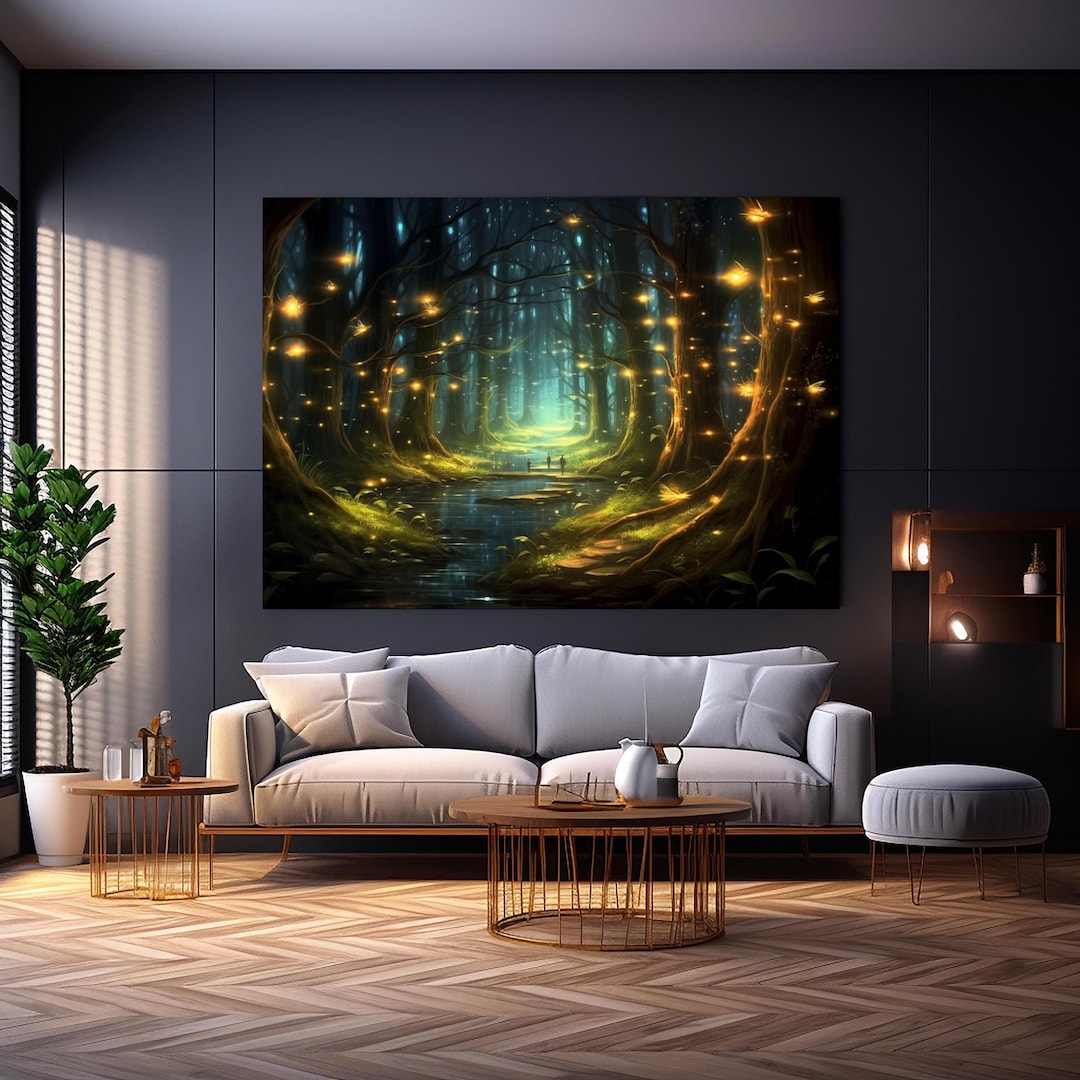 Electric Fireflies Forest Tempered Glass Art, Fantasy Forest Tempered ...