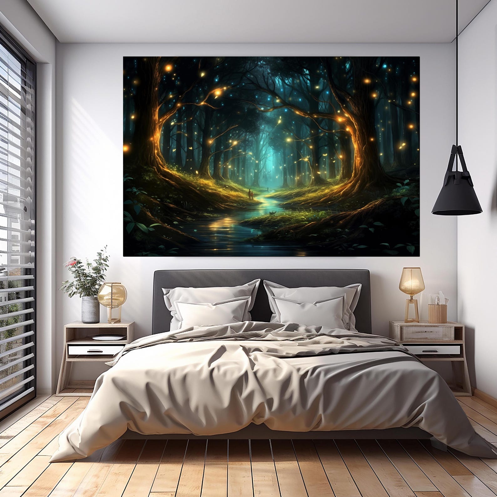 Electric Fireflies Forest Tempered Glass Art, Fantasy Forest Tempered ...