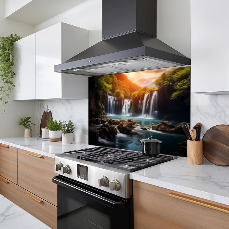 Sunset Waterfall Tempered Glass Backsplash Tiles-nature Backsplash for ...