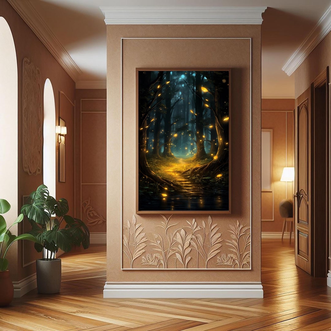 Electric Fireflies Forest Tempered Glass Art, Fantasy Forest Tempered ...
