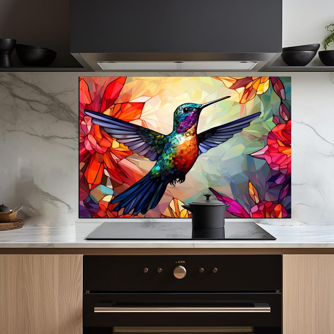 Vibrant Hummingbird Stained Glass Kitchen Backsplash Tile, Stove ...