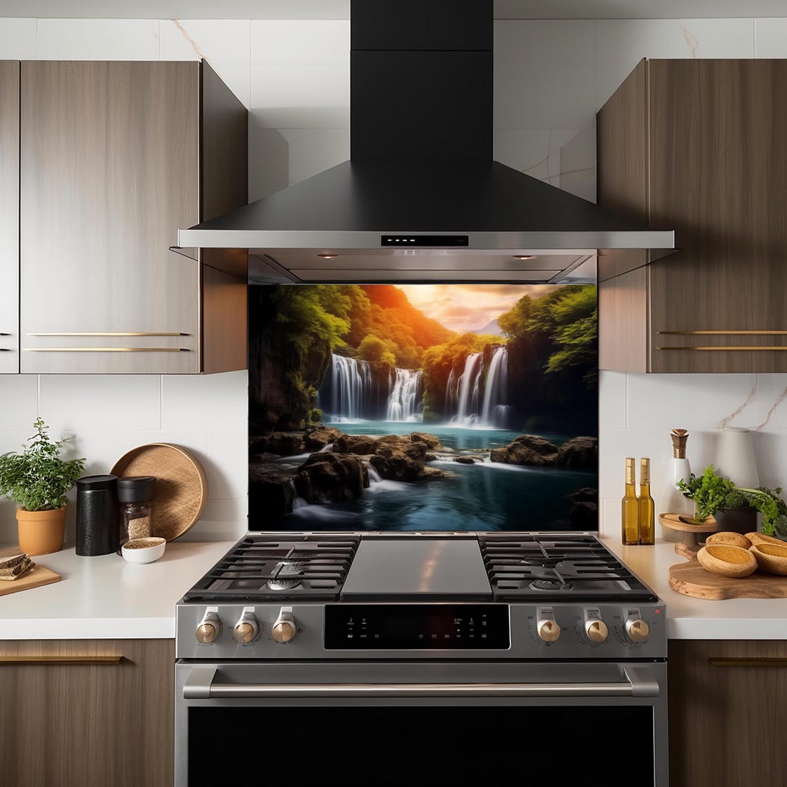 Sunset Waterfall Tempered Glass Backsplash Tiles-nature Backsplash for ...
