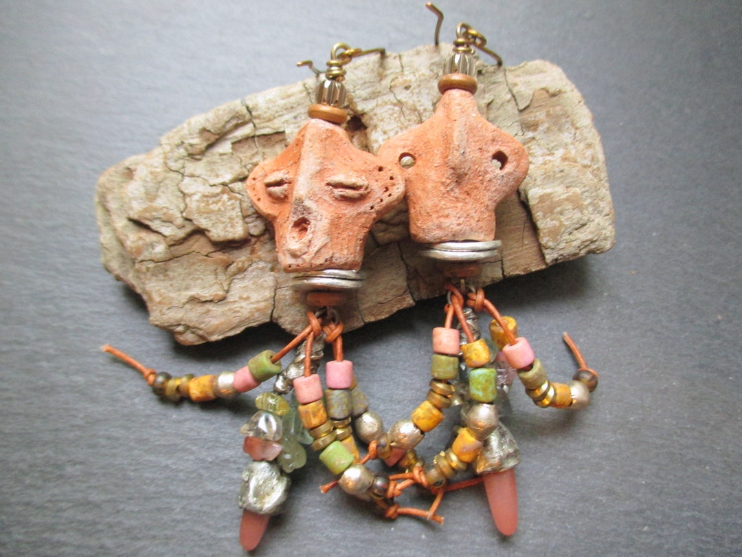 Extreme Opposites Tribal Earrings, Artisan Ceramic Mask Dangles ...