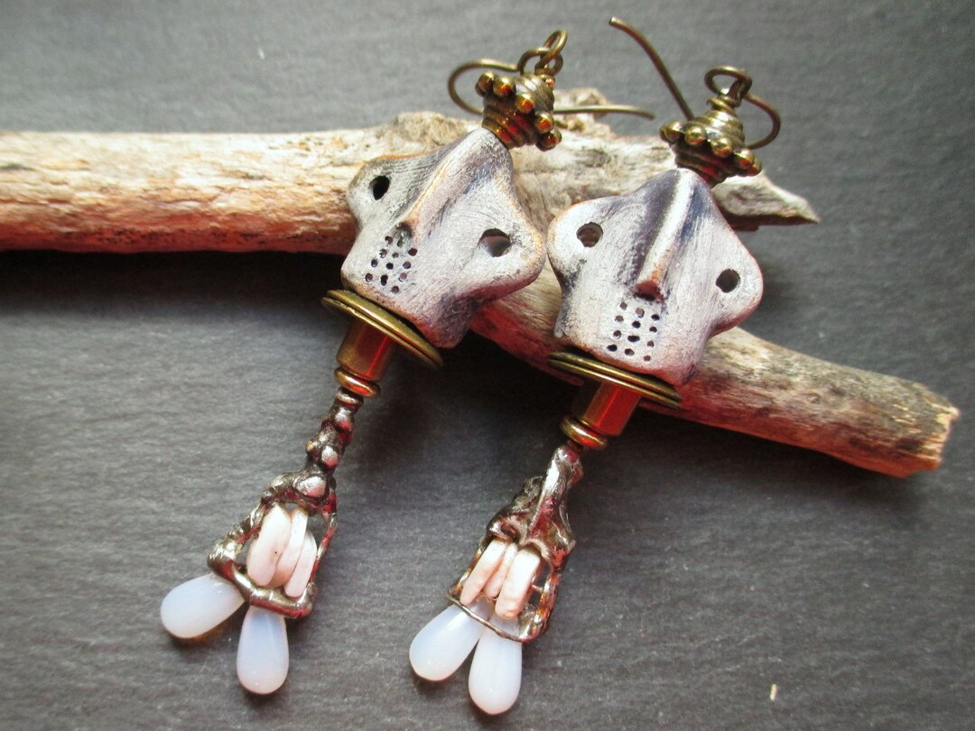 Old Stoney Face Tribal Earrings, Rustic Ceramic Mask Dangles, Long ...