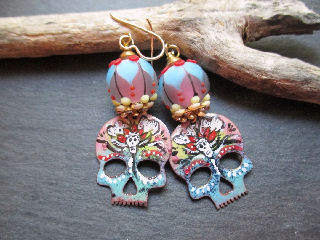 Sugar Skull Enamel Earrings Festive Day of the Dead Skull - Etsy
