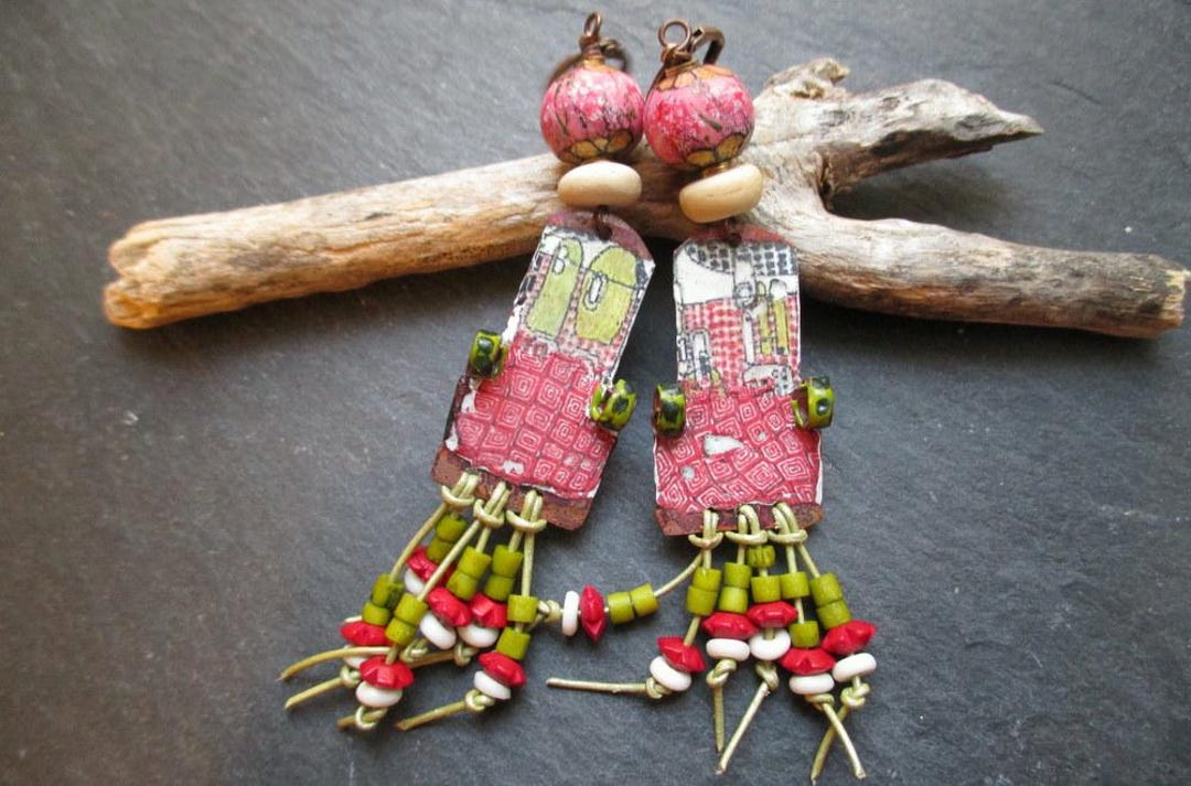 Spanish Steps Abstract Art Enamel Earirngs, Earthy Long Bohemian ...
