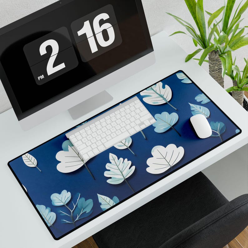 Desk Mats, White and Blue Leaves Office Desk Accessories, Desk Blotters ...