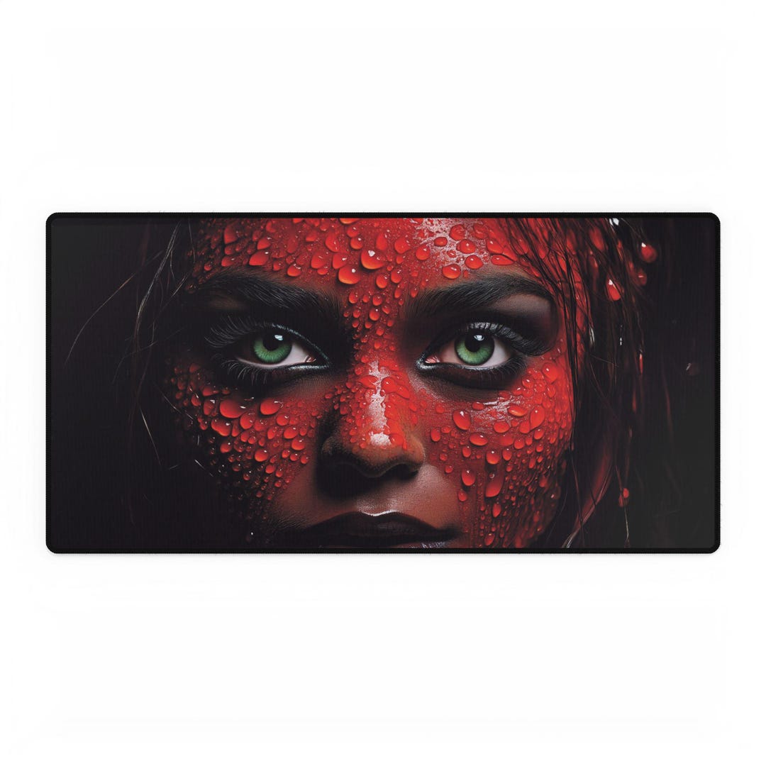 Scarlet Red Faced Woman Desk Mat - Beautiful Lady With Blue Eyes and ...