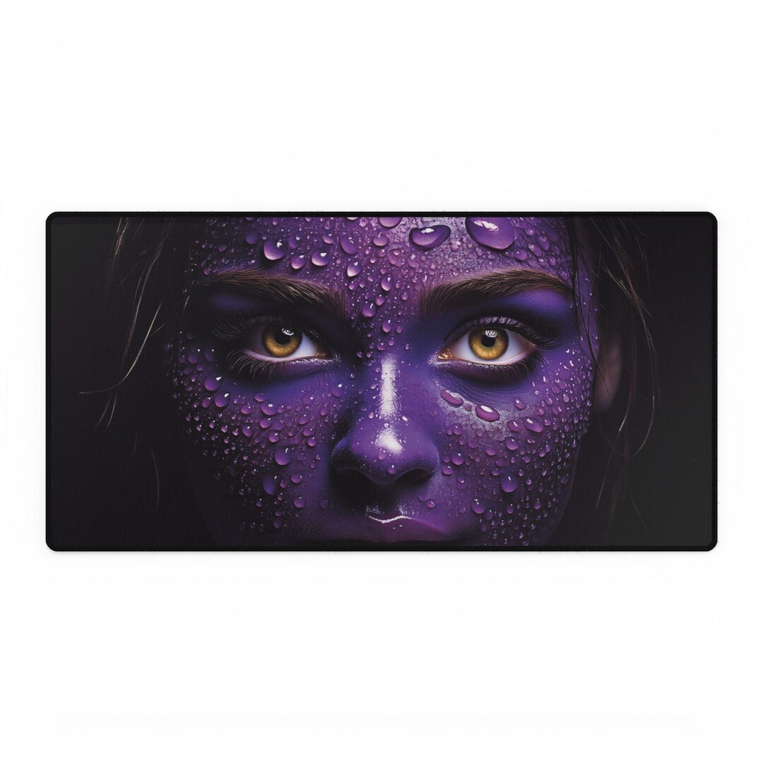 Purple Face Desk Mat, Female Face, Amber Eyes, Water Droplets, Office ...