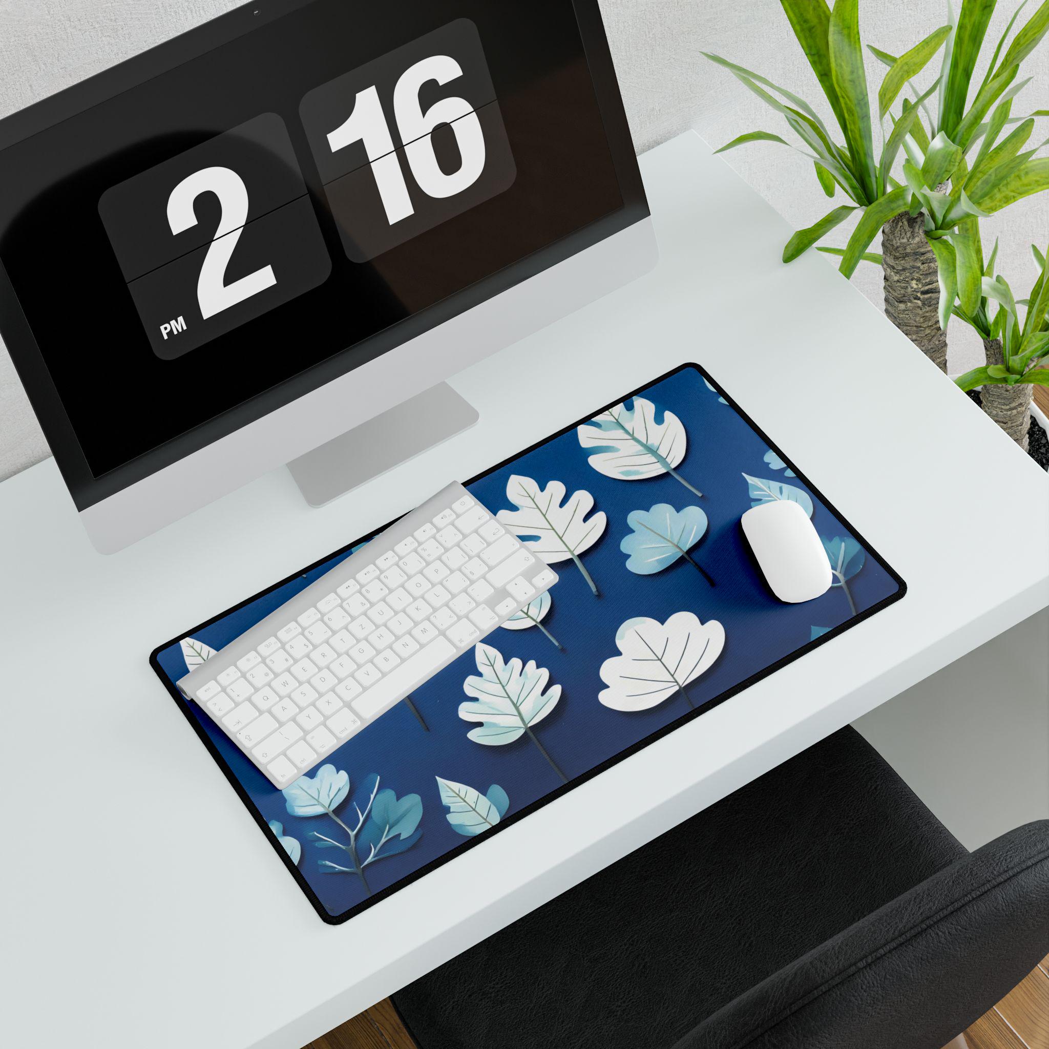 Desk Mats, White and Blue Leaves Office Desk Accessories, Desk Blotters ...