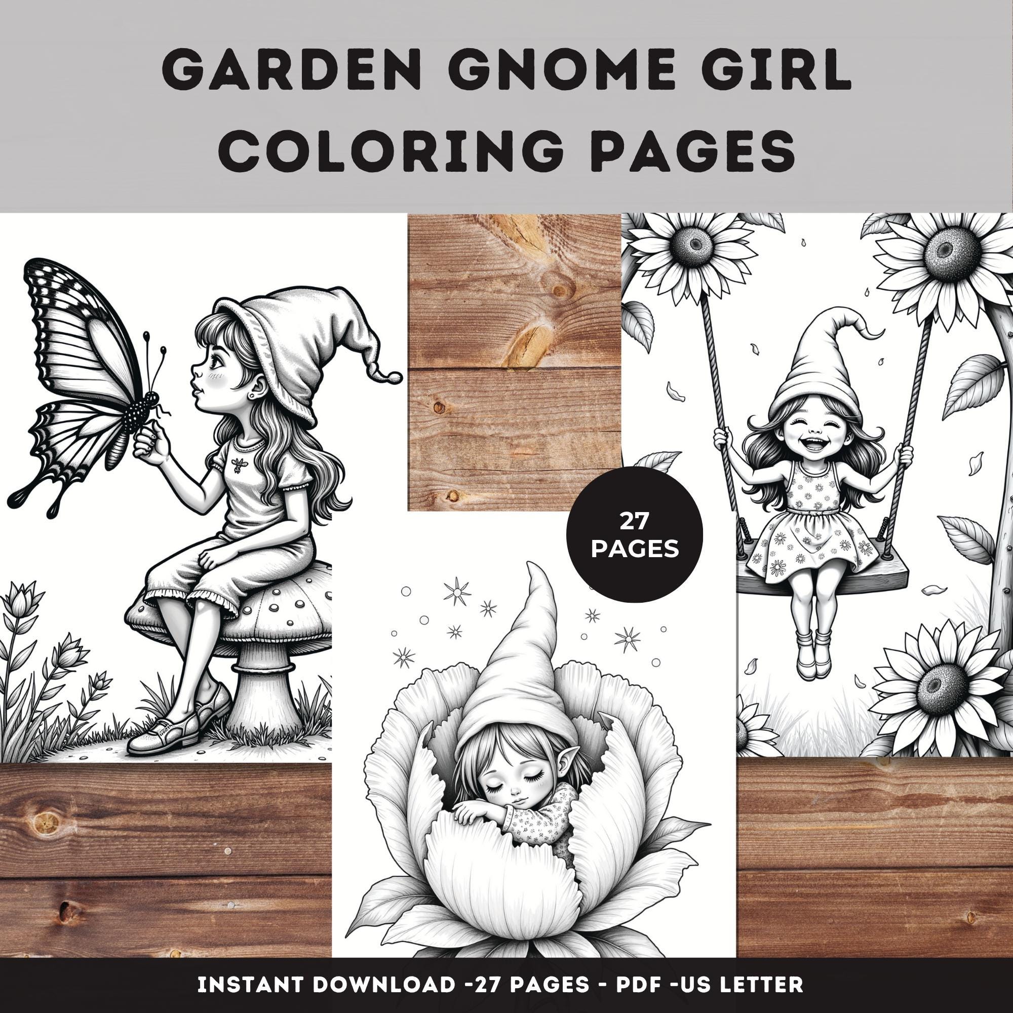 Garden Gnome Girl Coloring Pages – Whimsical Printable Designs (PDF) - Etsy