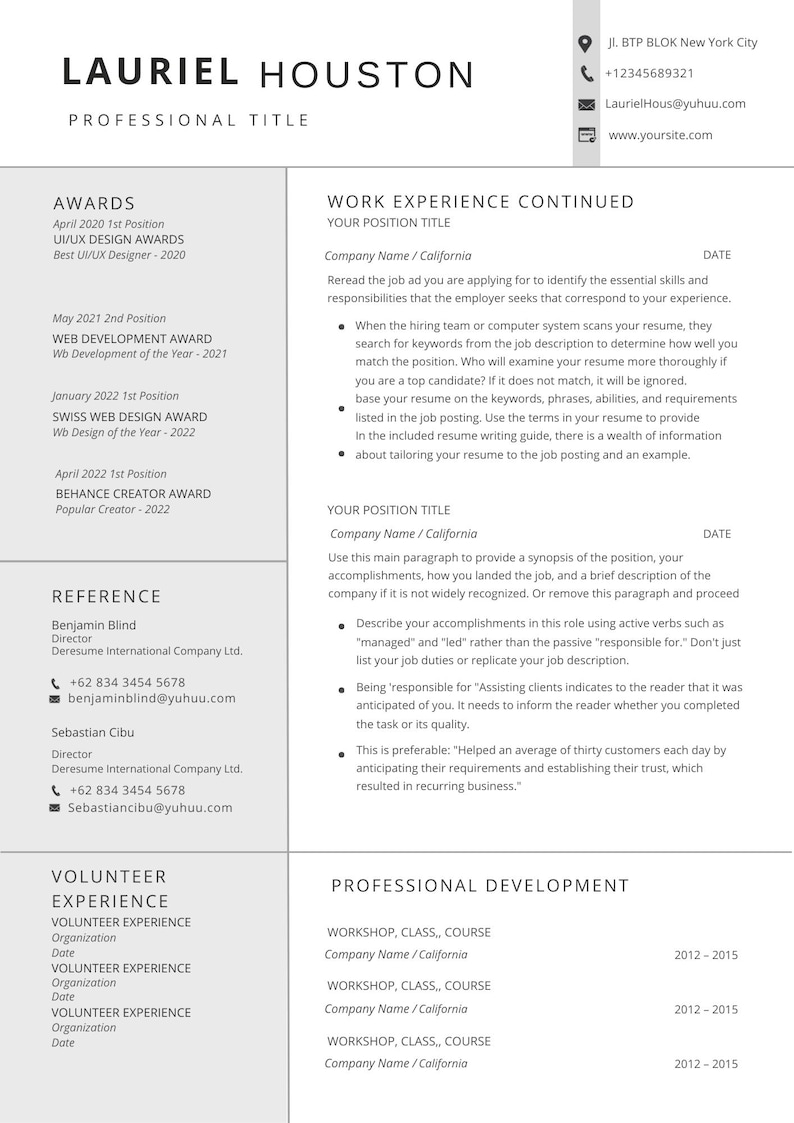 Professional Resume Template: CV Template for Word & Google Docs - Etsy