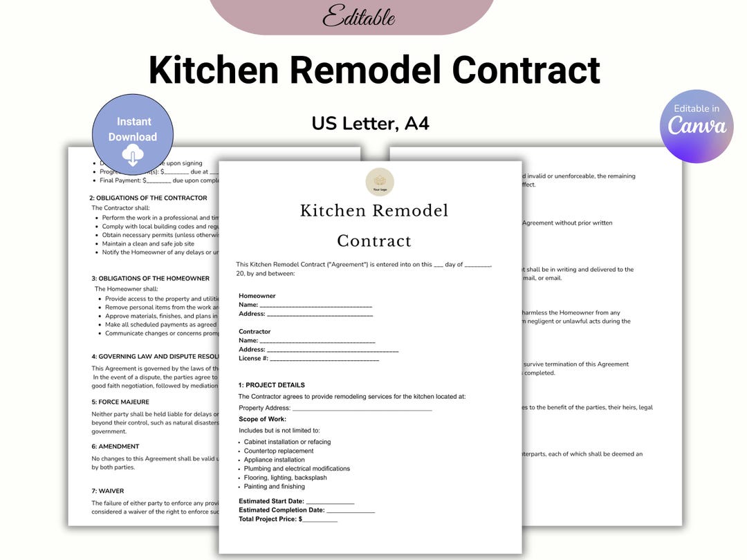 Editable Kitchen Remodel Contract, Kitchen Renovation, Service ...