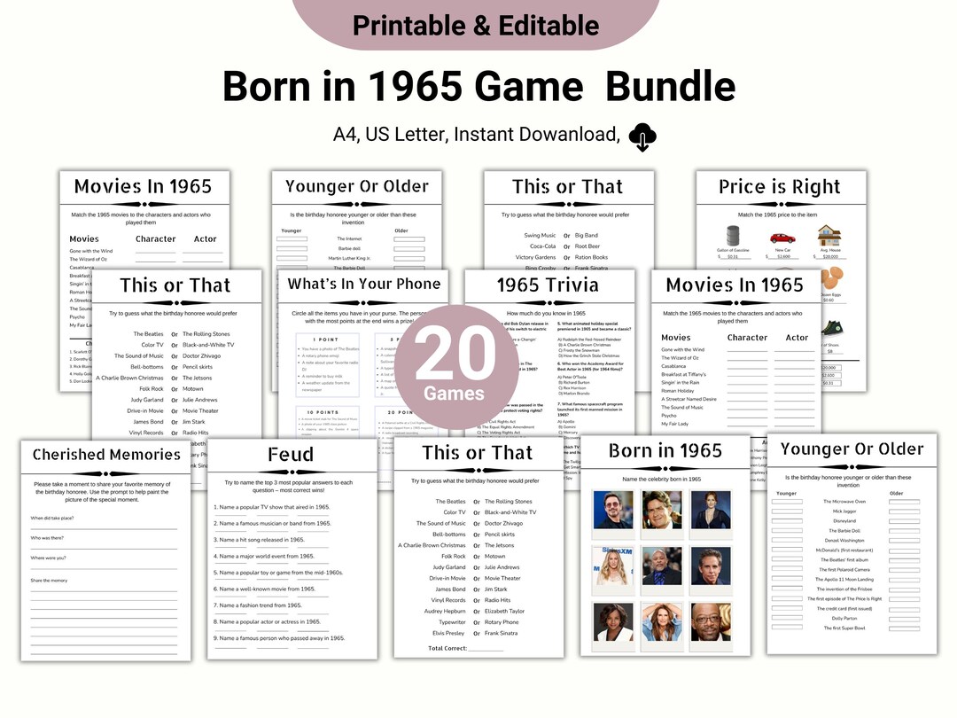 60th Birthday Games Printable, 60th Birthday Party Games, 1965 Trivia ...