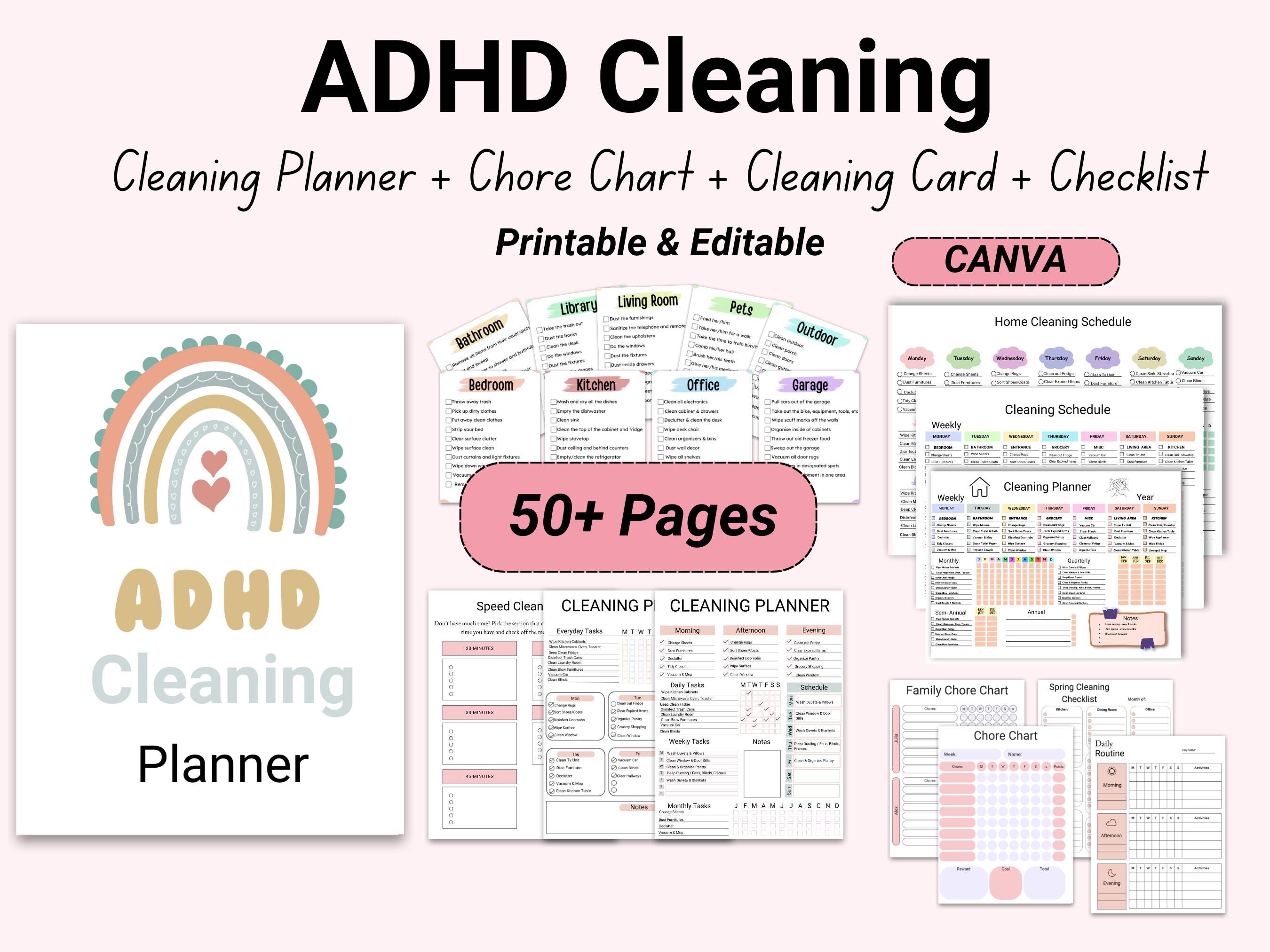 EDITABLE ADHD Cleaning Checklist Bundle, ADHD Cleaning Schedule Planner ...