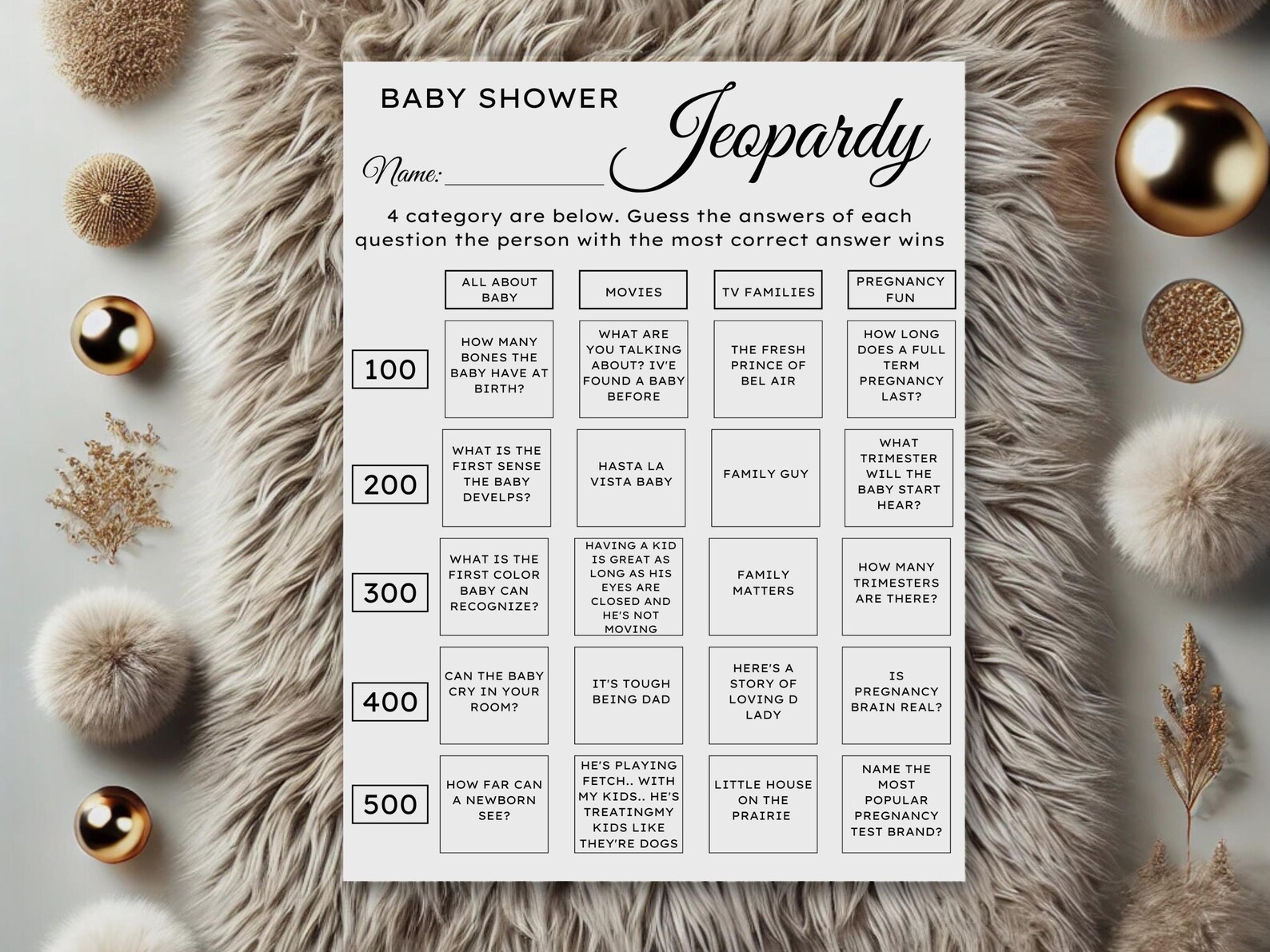 Printable Baby Shower Jeopardy Game, Jeopardy Games, Baby Trivia Games ...