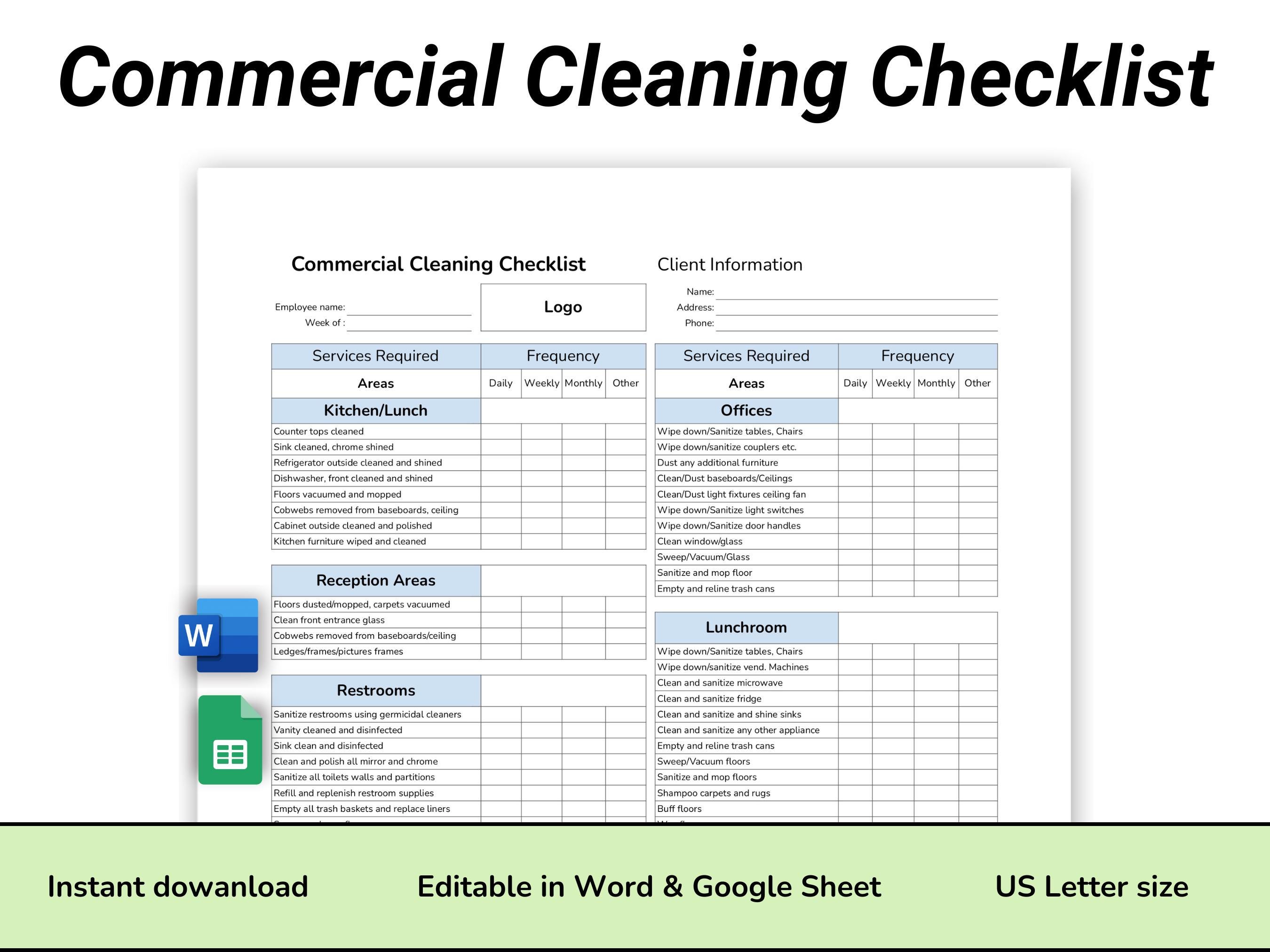 Commercial Cleaning Checklist, Janitorial Cleaning, House Cleaning ...