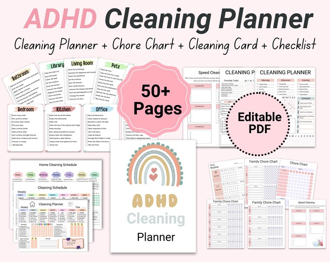 EDITABLE ADHD Cleaning Checklist Bundle, ADHD Cleaning Schedule Planner ...