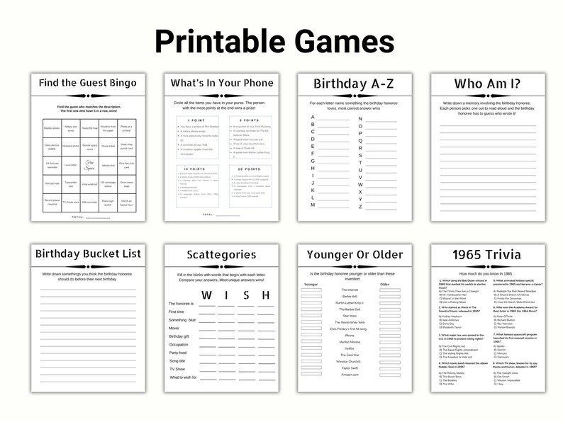 60th Birthday Games Printable, 60th Birthday Party Games, 1965 Trivia, 60 Birthday Ideas, 60th ...