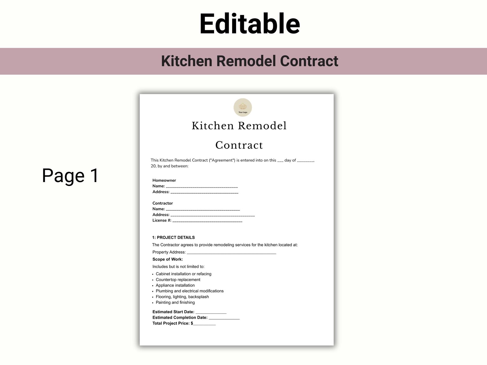 Editable Kitchen Remodel Contract, Kitchen Renovation, Service ...