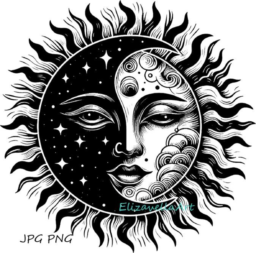 Sun Moon Face Png, Jpg Printable Celestial Art Ink Drawing Clipart ...