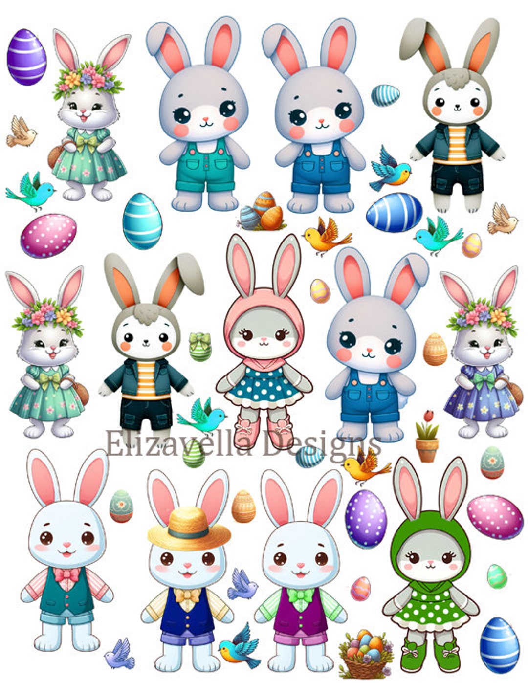 Cute Boy and Girl Bunnies Collage Sheet Bunny Rabbit Clipart Png Jpg ...