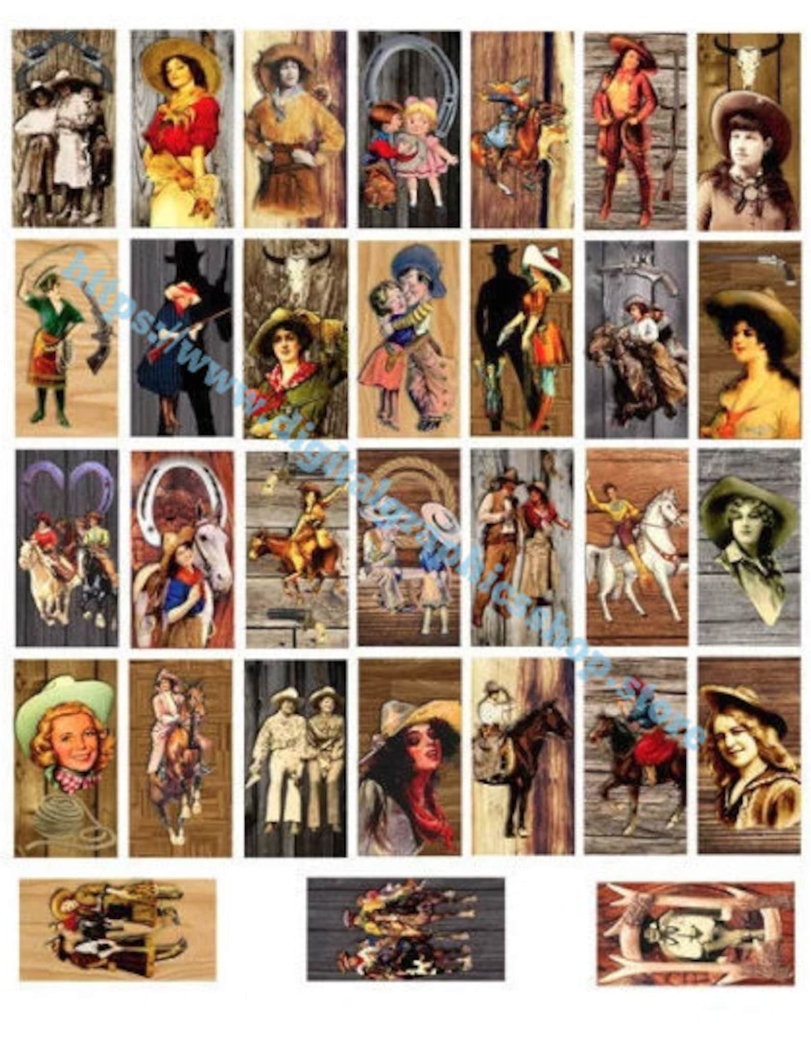 Domino Collage Sheet Vintage Cowboys Cowgirls on Wood Art Clipart ...