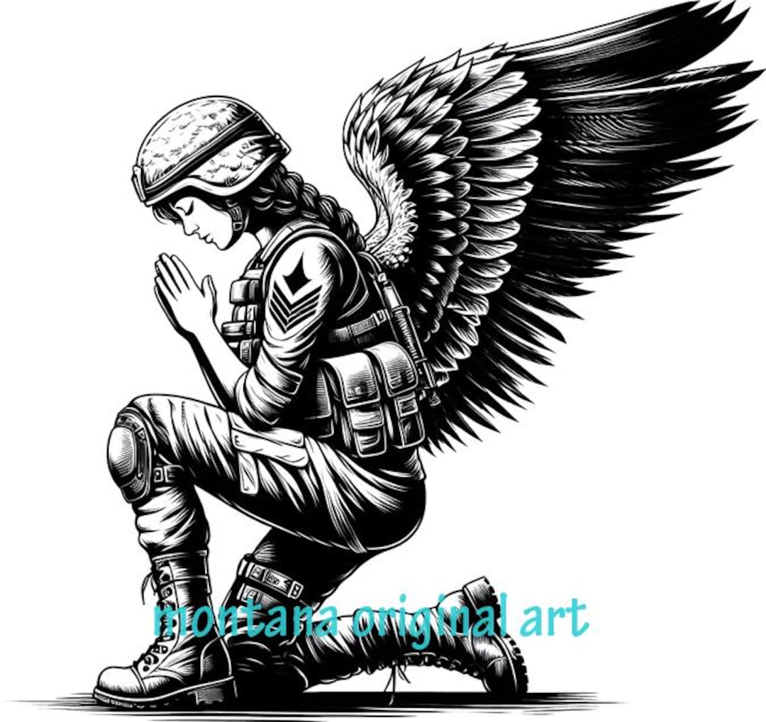 Angel Woman American Soldier Kneeling Praying Png, Jpg Patriotic Art ...