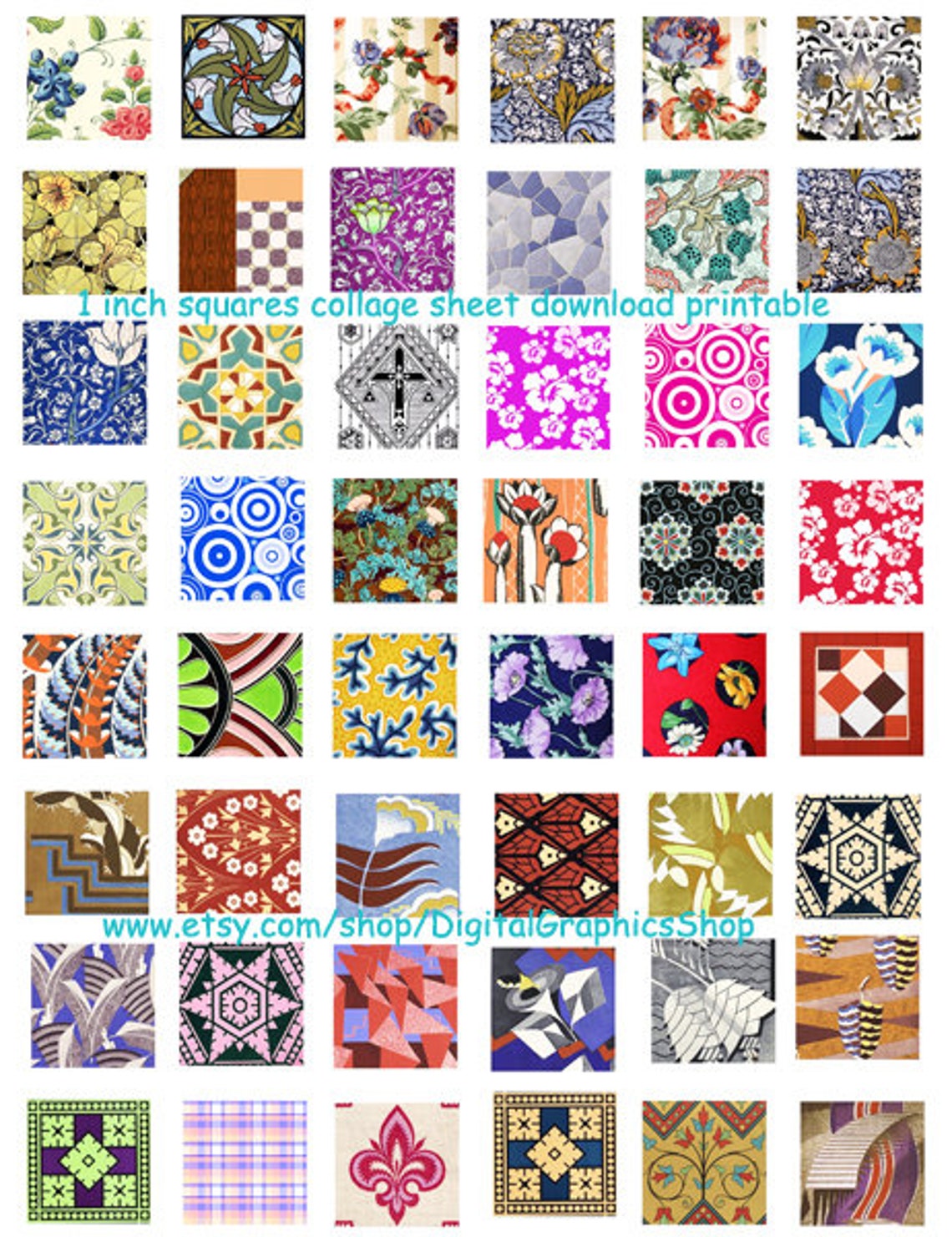 Digital Collage Sheet 1 Inch Squares Vintage Fabric Textile Art ...