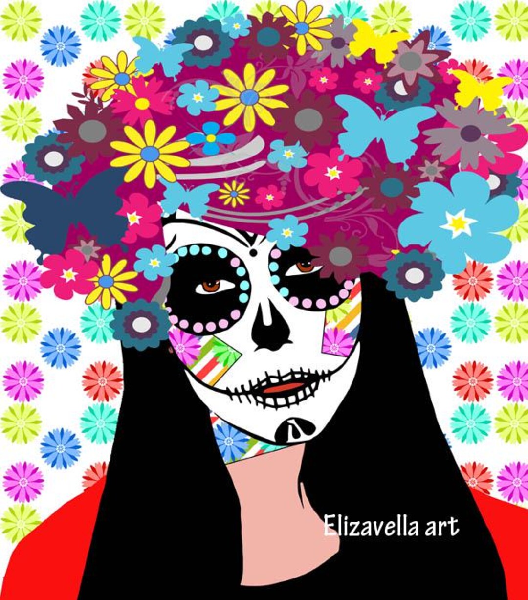 Skeleton Woman Floral Crown Day of the Dead Skull Art Original Abstract ...