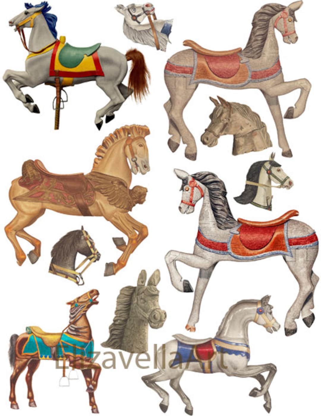 Vintage Carousel Toy Horses Art Clipart Set Png Jpg Digital Collage ...