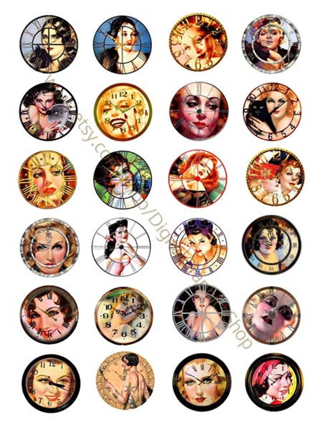 Clock Faces Pinup Girls Collage Sheet 1.5 Inch Circles Retro Clipart ...