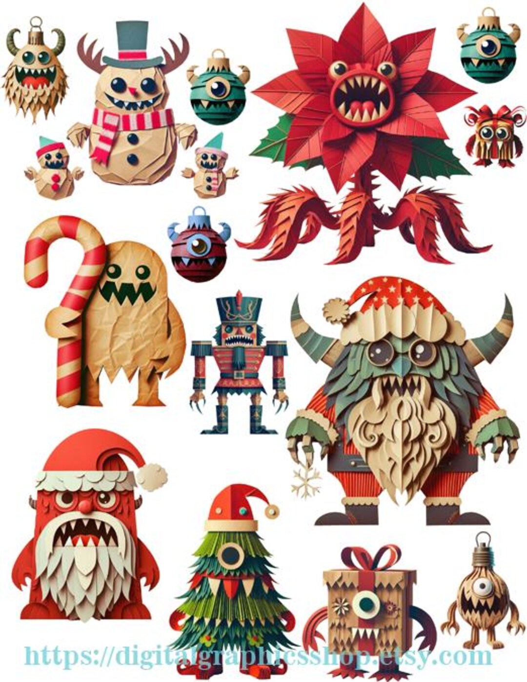 Spooky Creepy Christmas Monsters Paper Crafts Cut Outs Digital Collage ...