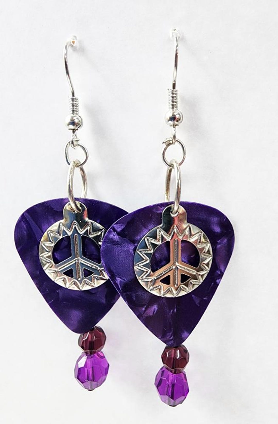 Peace Sign Charm Purple Guitar Pick Bead Drop Earrings Dangles Handmade ...