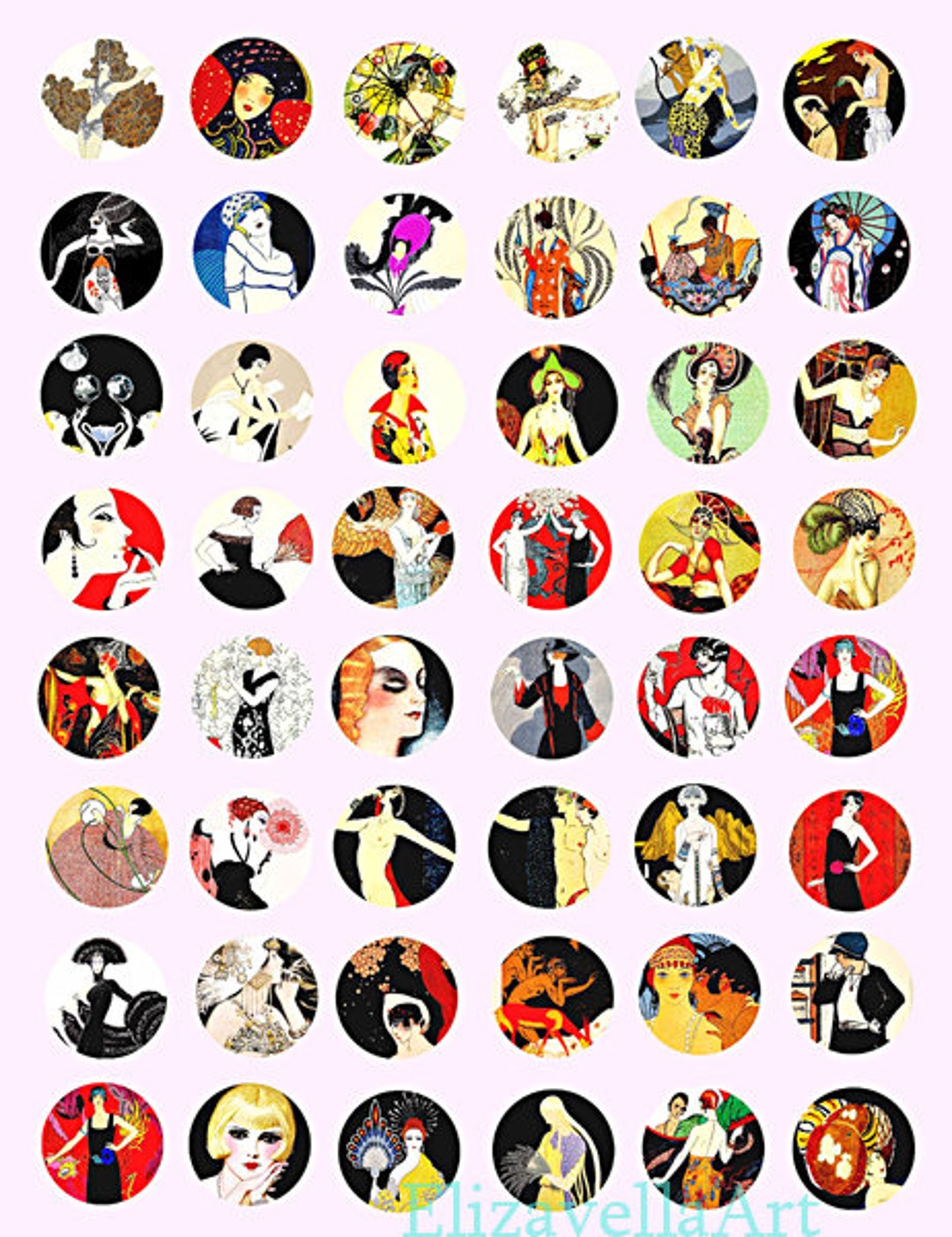 Deco Flapper Girls 1920s Women Art Collage Sheet 1 Inch Circles Clipart ...