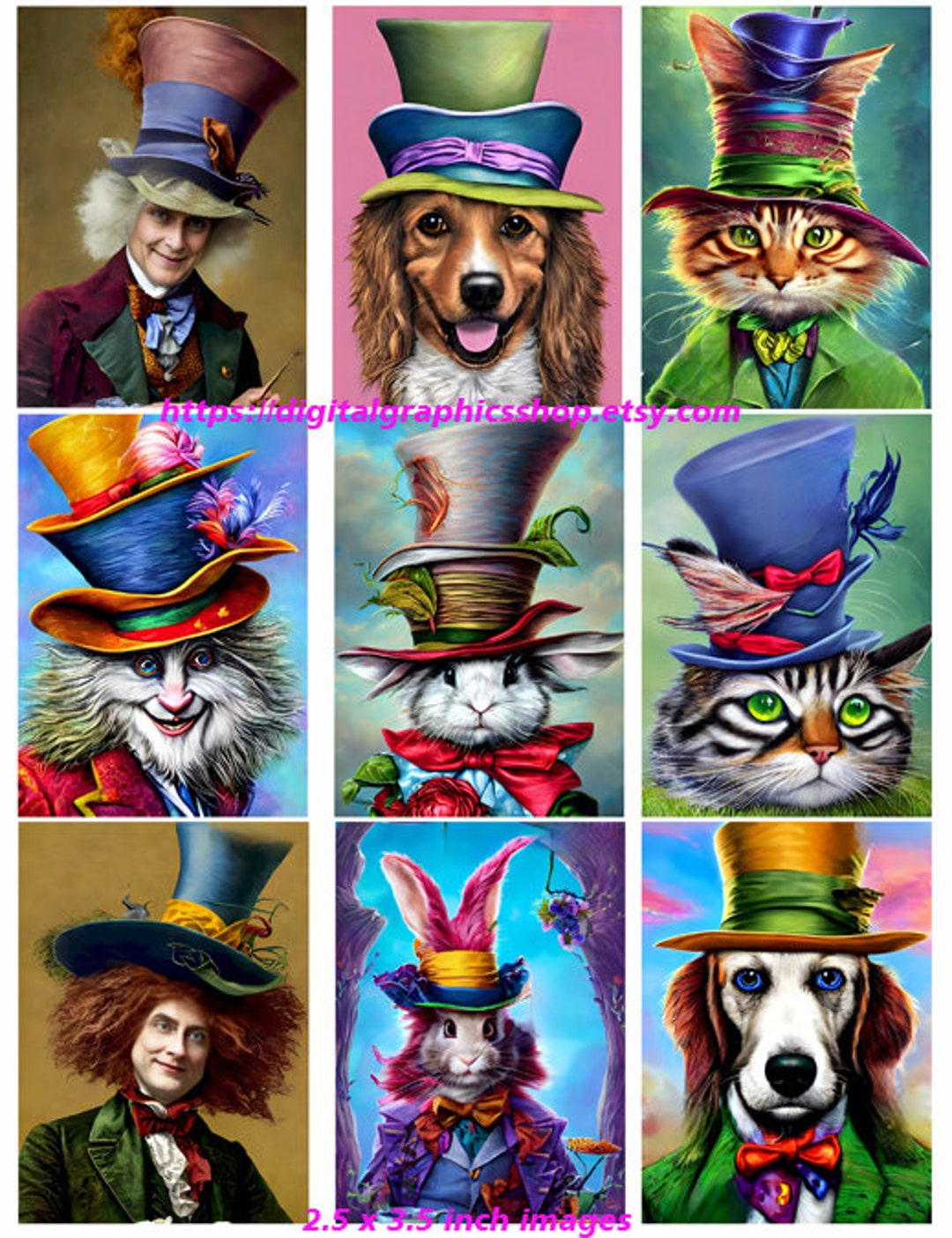 Wonderland Mad Hatter Men and Animals Art Collage Sheet Digital ...