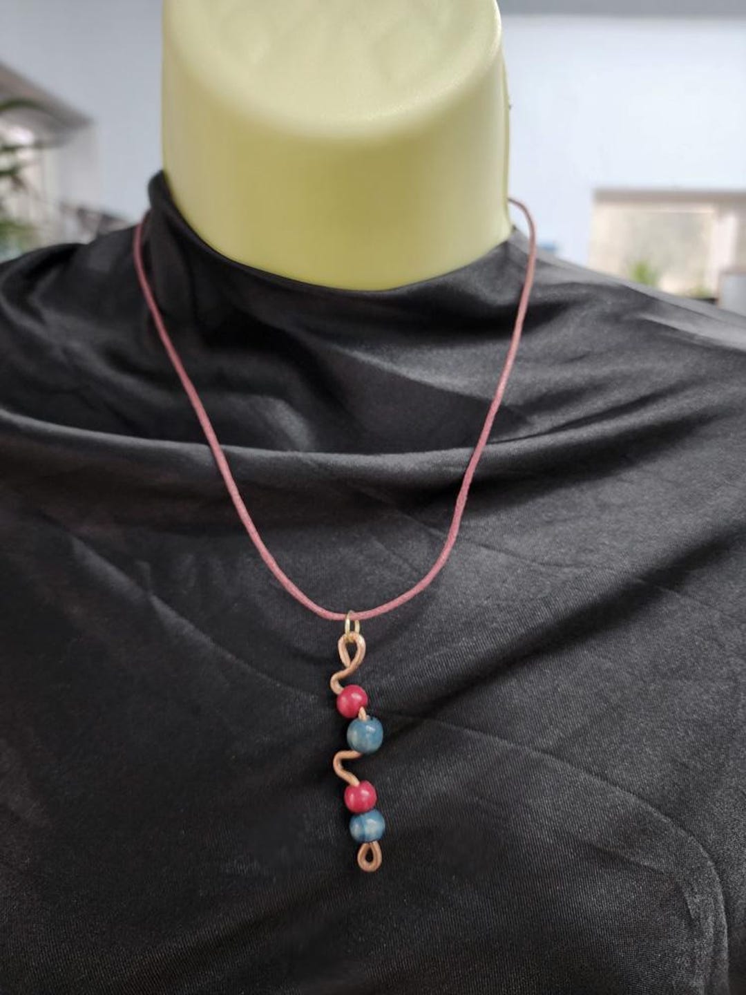 Copper Wire Red and Blue Wood Bead NECKLACE Red Cord Handmade Jewelry ...