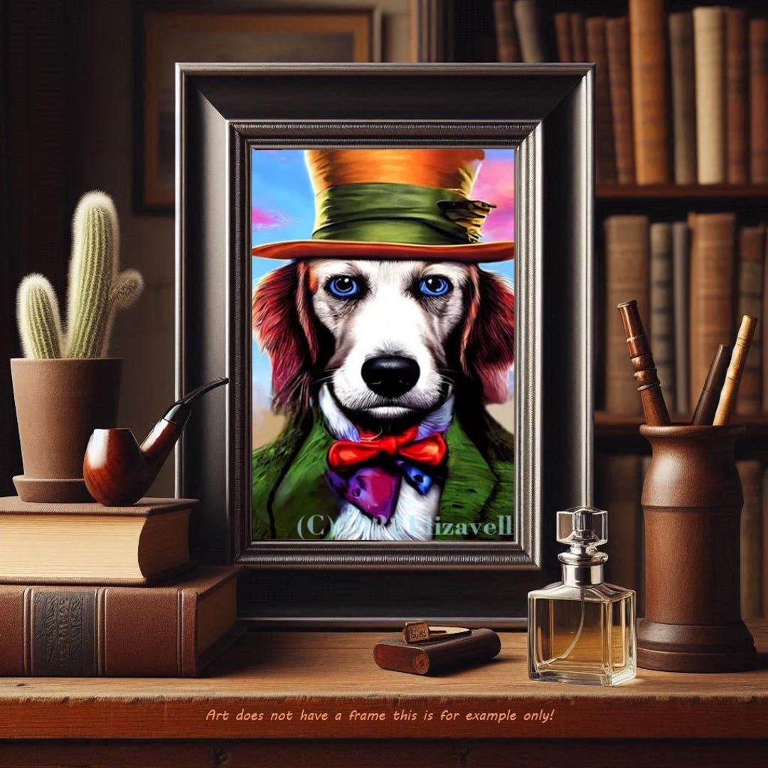 Mad Hatter Dog Fairytale Animals original Art Surreal 8x10 Inch Semi ...