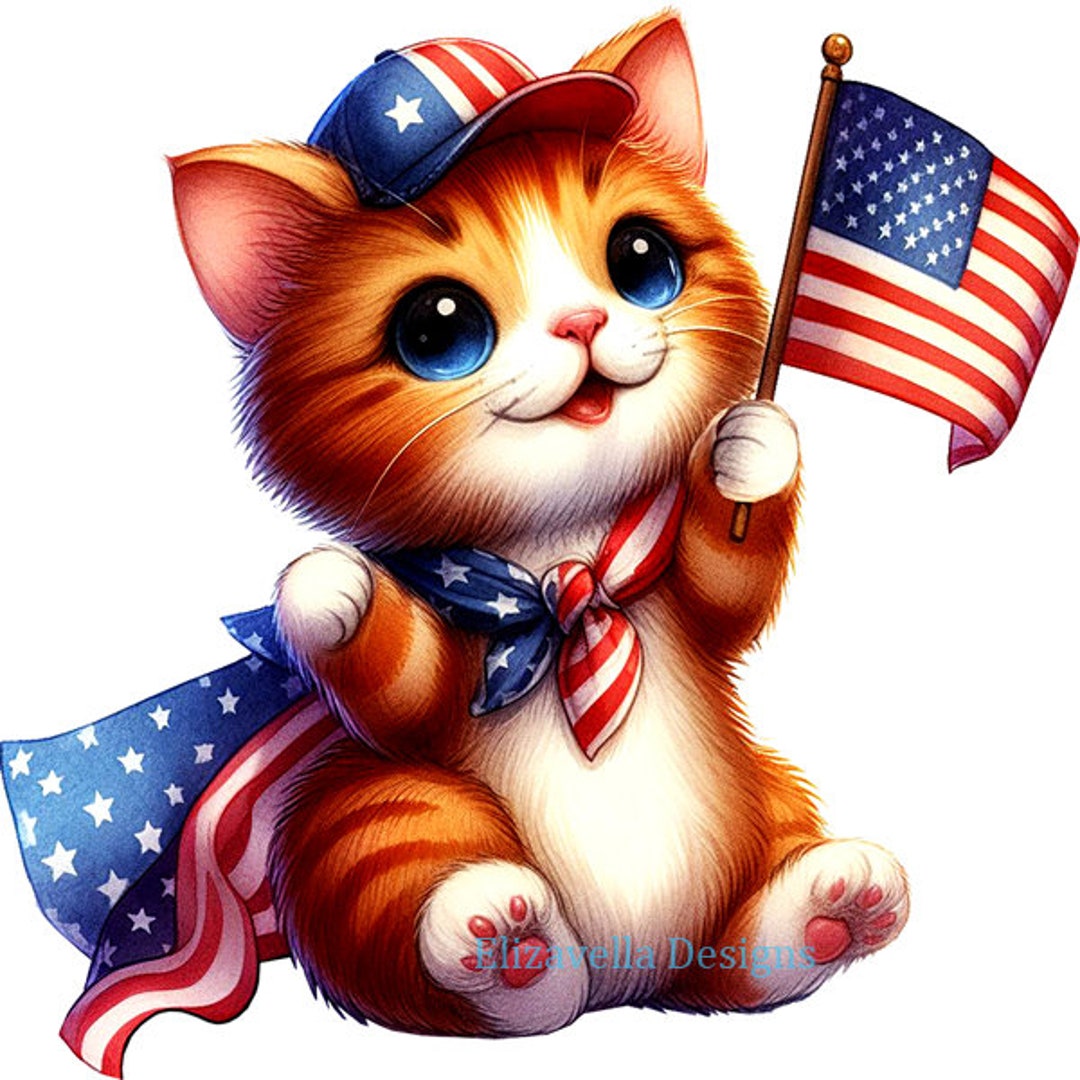 Printable Cat Kitten Png, USA Flag Png, Patriotic Cat Art Clipart ...
